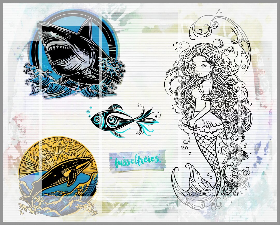 Under The Sea Vol9 Plotterdatei Plottervorlage DXF SVG Weißer Hai, Meerjungfrau, Fantasie Fisch ...