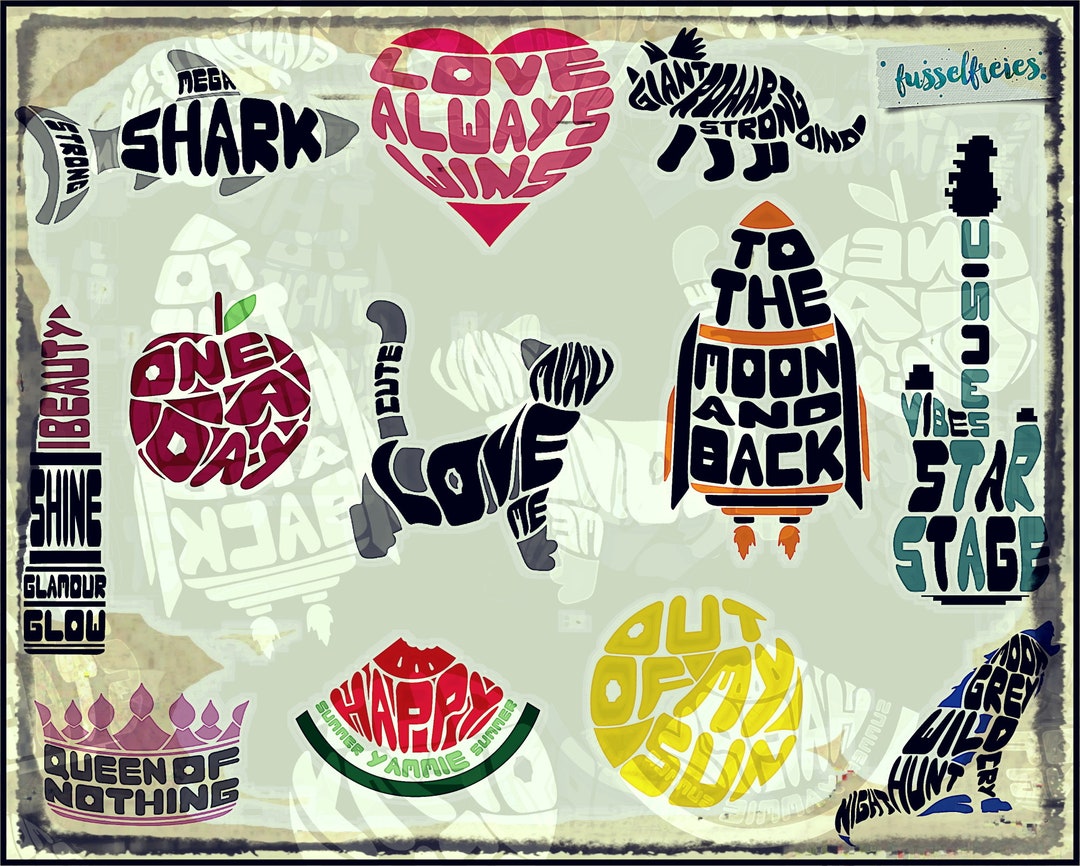 SVG DXF Cut File Shaped Words - Water Melon, Cat, Wolf, Crwon, Shark ...