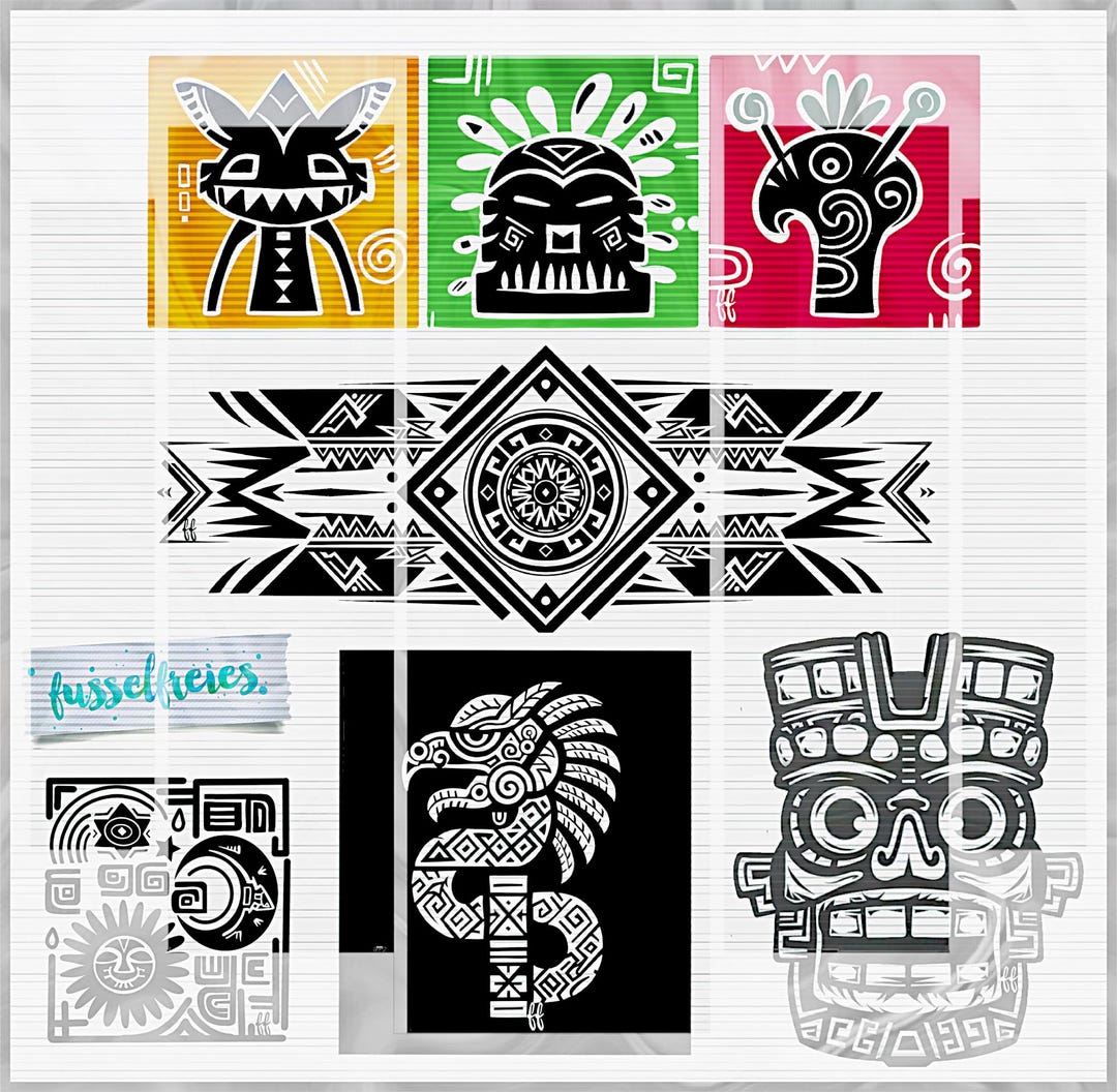 DXF SVG Cut File Laser Aztecs - Snake, Mask, Sun, Moon, Stars, Actec ...