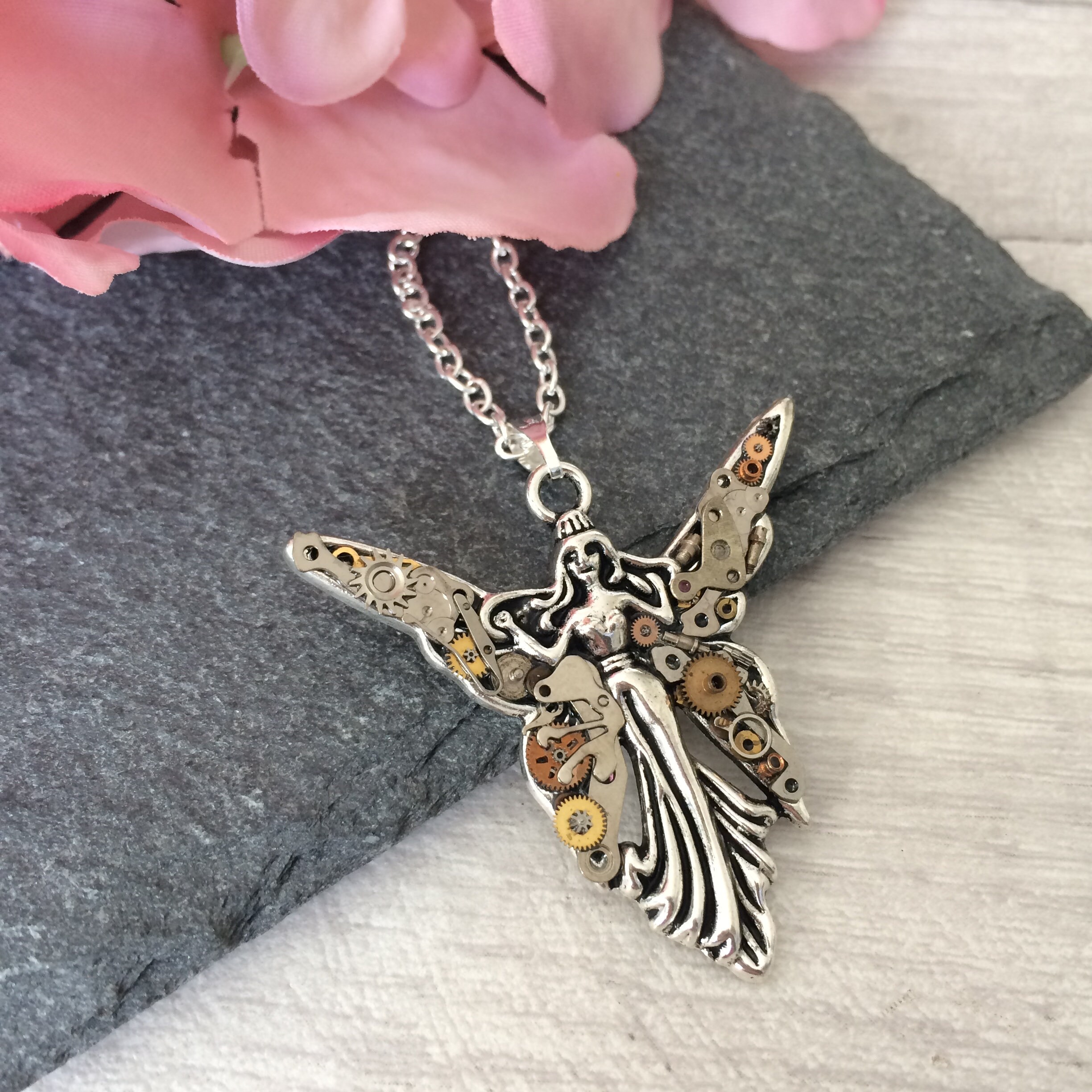 Steampunk angel pendant clockwork fairy necklace upcycled | Etsy