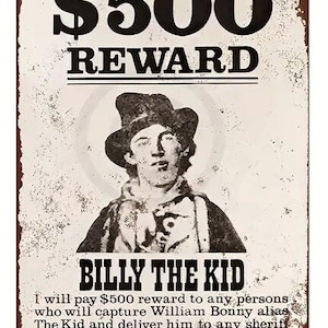 Billy the Kid Wanted Reward Retro Poster Style Tin Sign - 8x12 Inch - Etsy