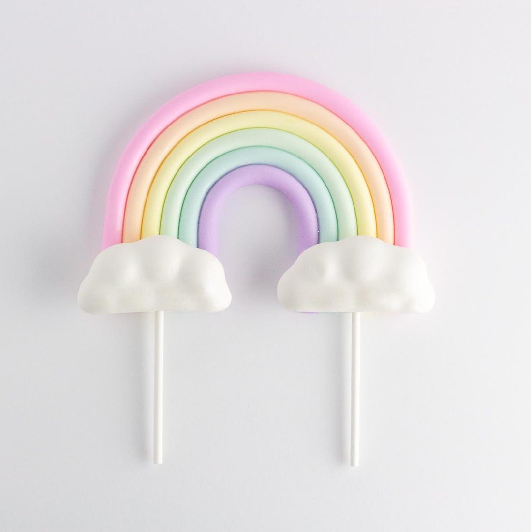Pastel Rainbow Cake Topper With White Puffy Clouds – Edible Fondant ...