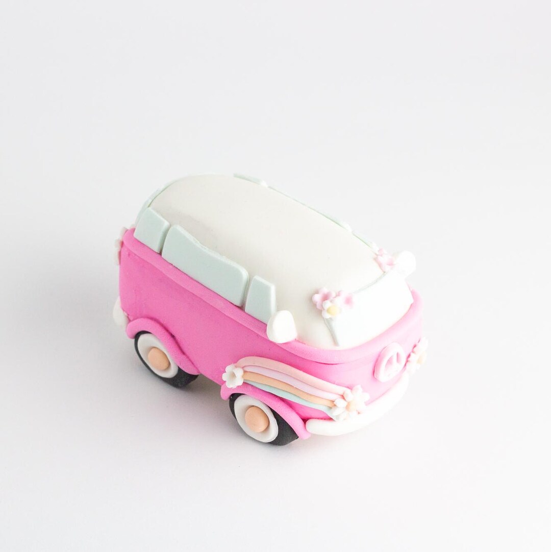 Fondant Groovy Van Cake Topper Pink Vintage Bus With Floral Details Two ...
