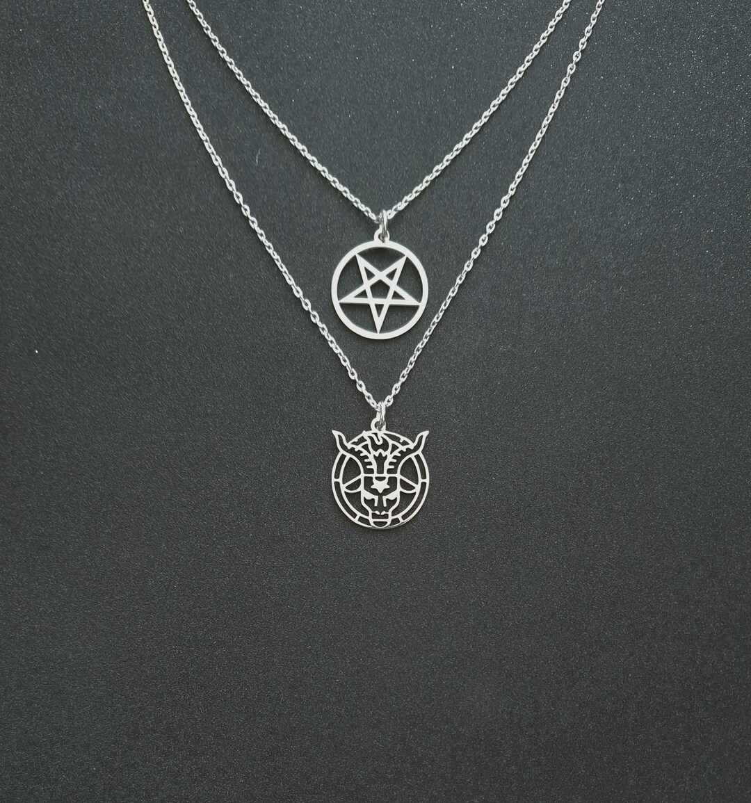 Double Layer Baphomet Necklace With Silver Plated Pendant Chains and ...