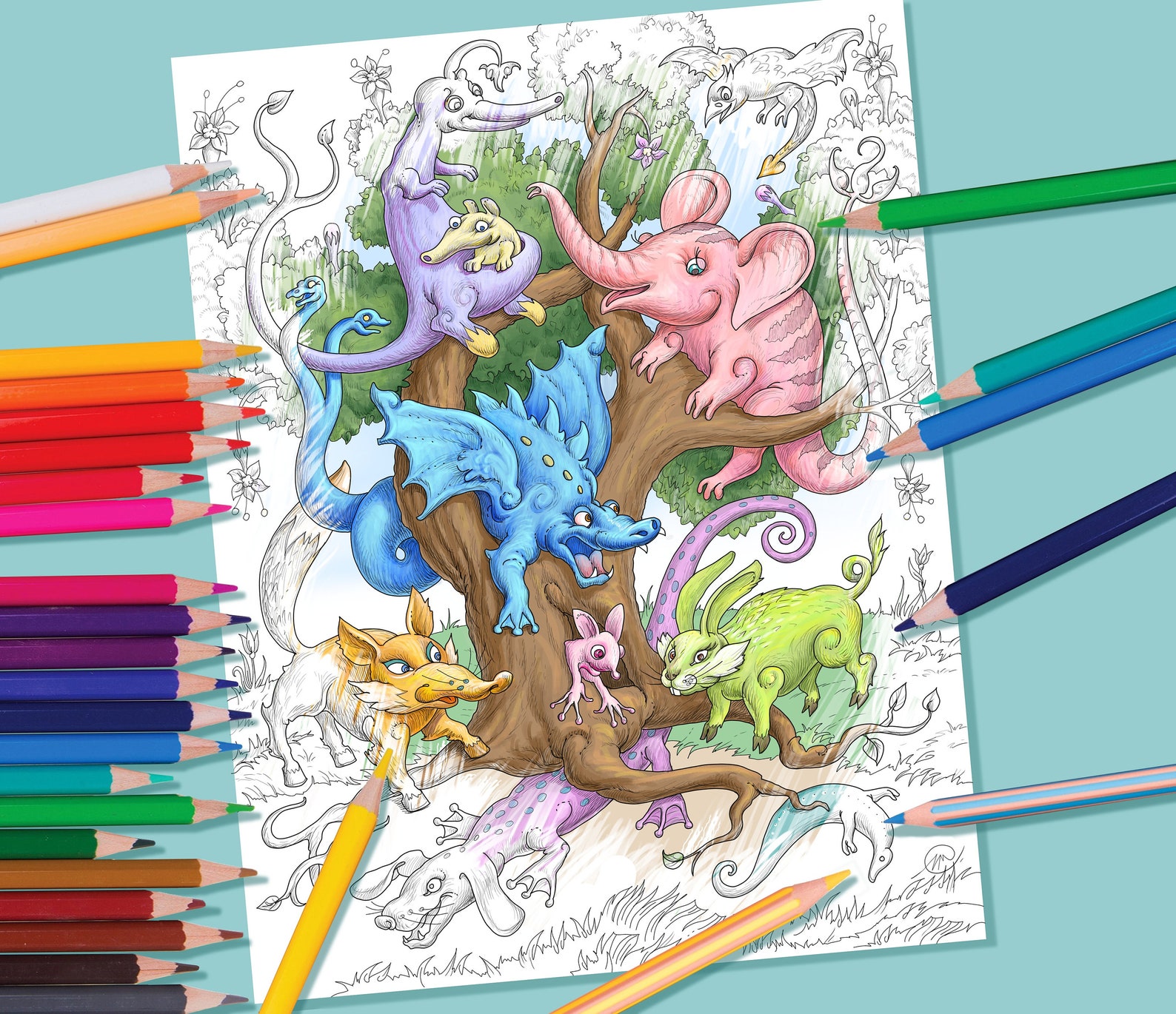 Animals Magic Beasts Coloring Pages Colored Animals Magic Tree - Etsy