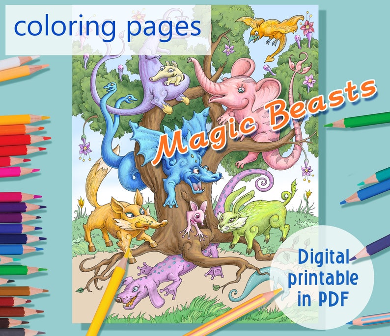 Animals Magic Beasts Coloring Pages Colored Animals Magic Tree Digital ...