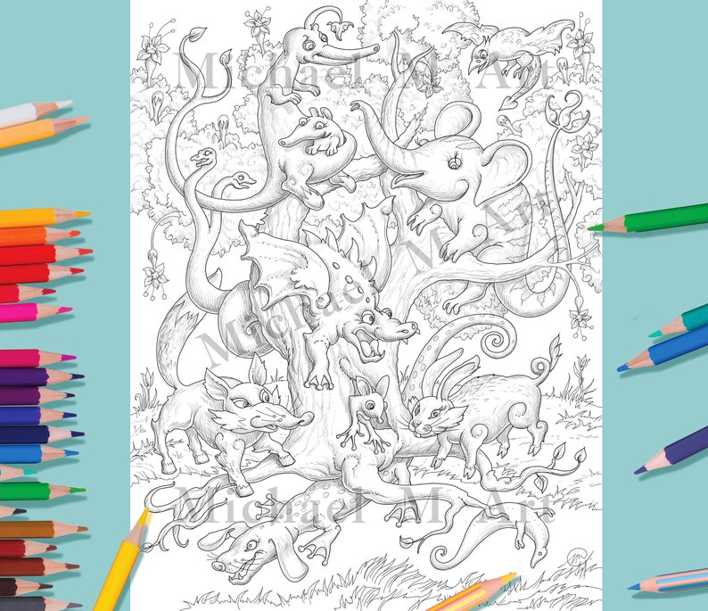 Animals Magic Beasts Coloring Pages Colored Animals Magic Tree - Etsy