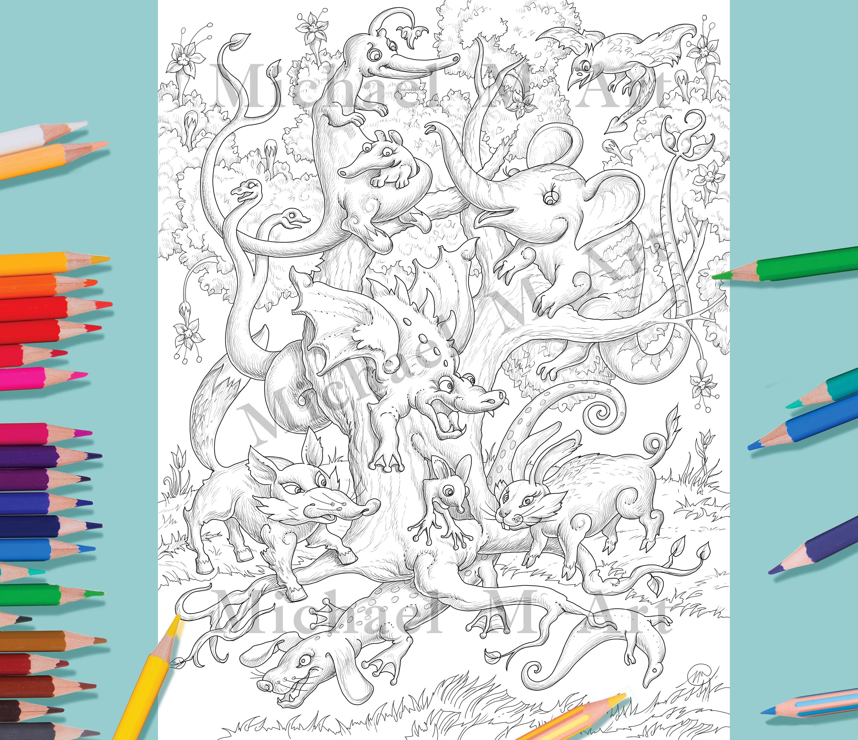 Animals Magic Beasts Coloring Pages Colored Animals Magic Tree - Etsy