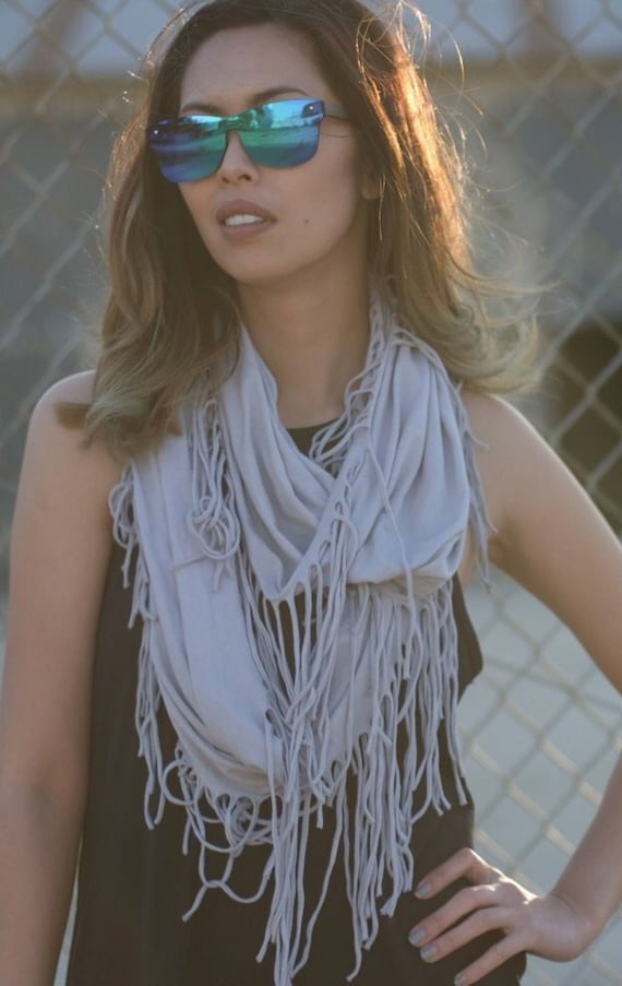 Cotton Infinity Fringe Scarf/unisex Knit/festival Scarf /sweet - Etsy