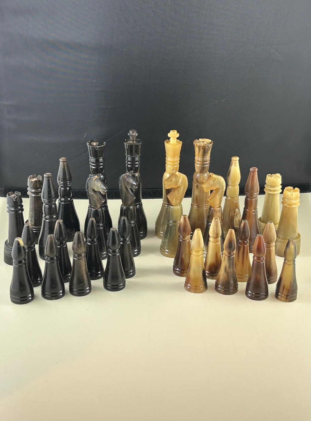 Vintage Hand Carved Bovine Horn Chess Pieces Set. - Etsy