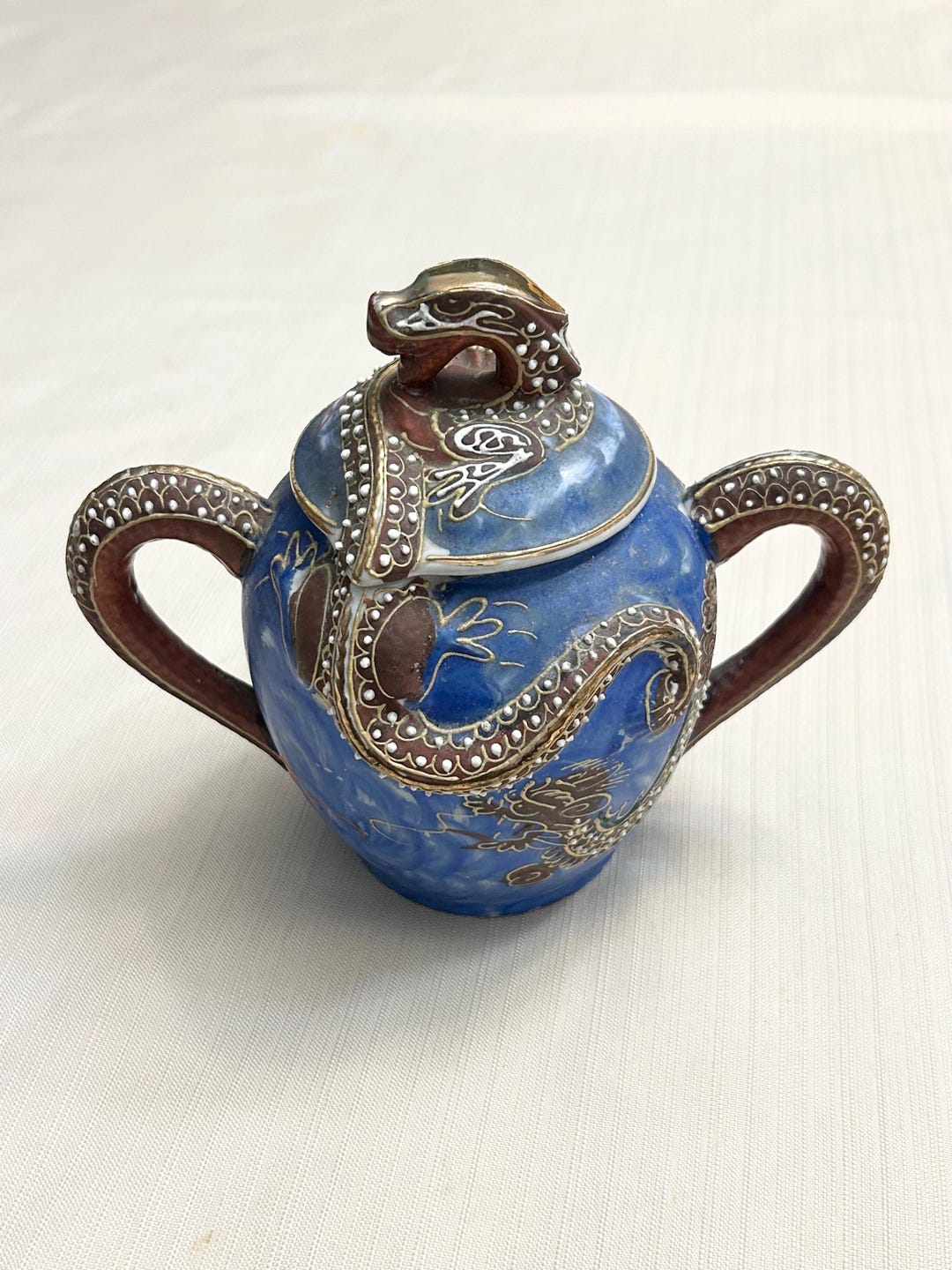 Vintage Satsuma Blue Suger Bowl With Golden Accents, Dragon, Crockery ...