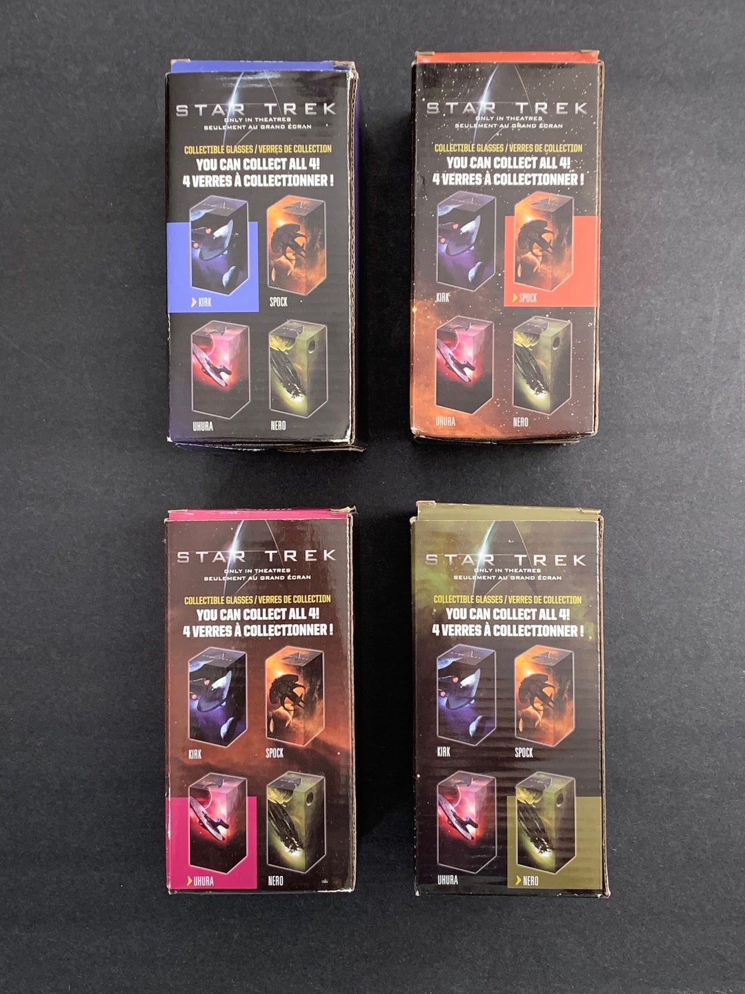 BRAND NEW Star Trek Glasses - Complete Set of 4 - Spock, Kirk, Uhura ...