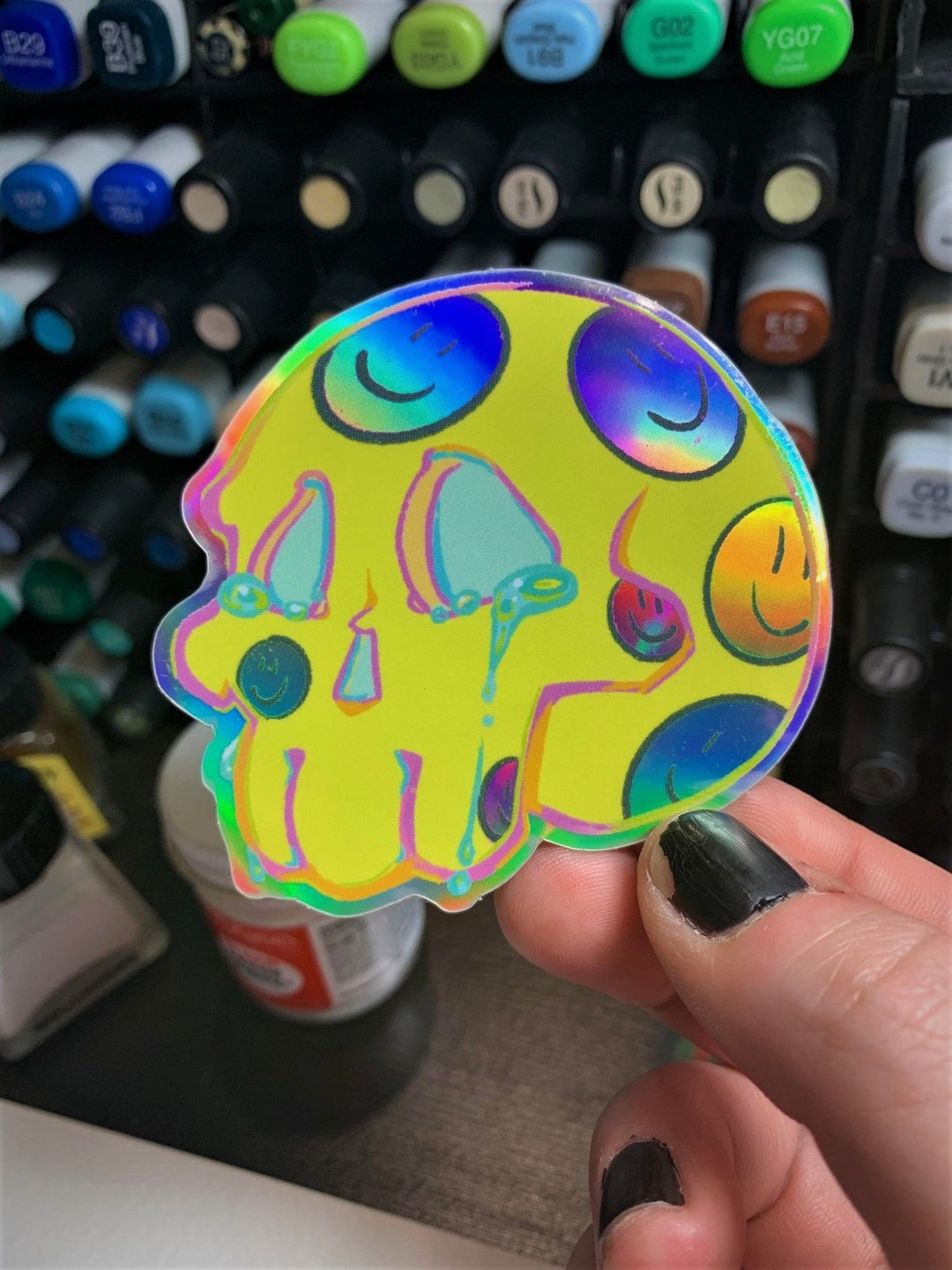Don't Worry, Be Happy Now Happy Sad Skull Art Sticker Holographic ...