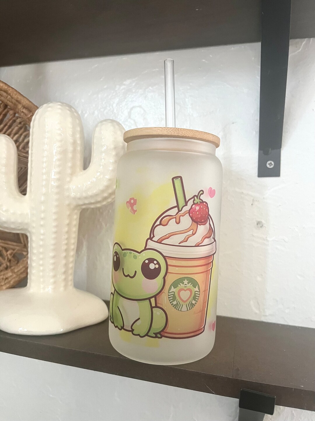 New! Cute Kawaii Froggie Glass Can Cup 16oz With Bamboo Lid and Plastic ...