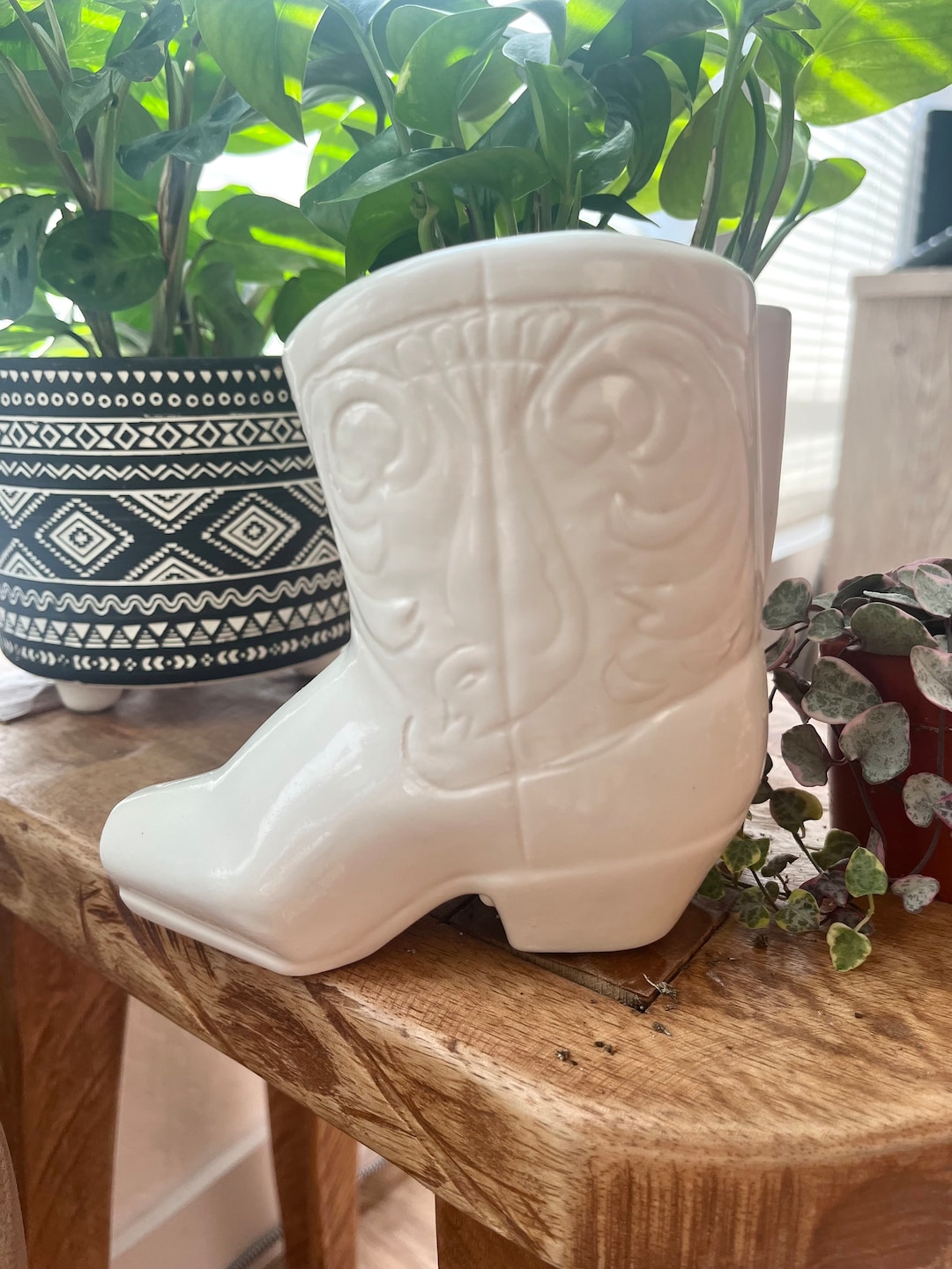 Cute Ceramic Cowboy Boot Planter Pot /succulent Planter/ off White Western Cowgirl Boot Plant ...