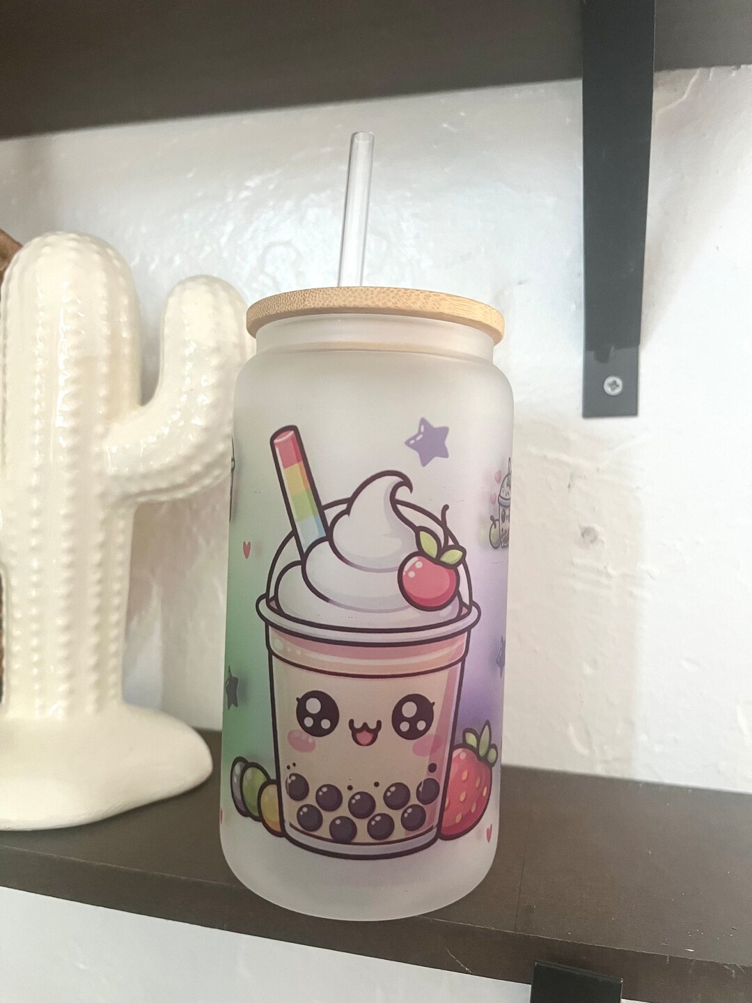 New! Cute Kawaii Bobba Drink Glass Can Cup 16oz With Bamboo Lid and ...