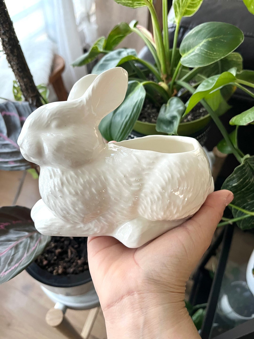 Ceramic Laying Down Bunny Planter Pot/ off White Easter Rabbit Planter ...