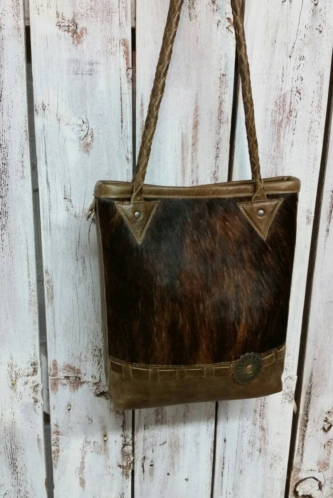 Rustic Western Hair on Hide and Distressed Dusk Brown Leather Concho ...