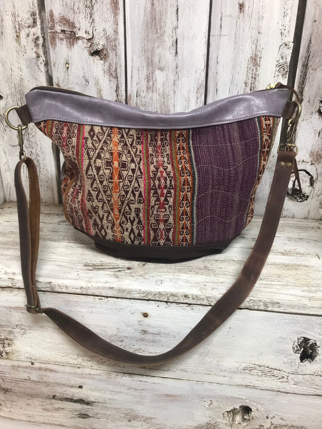 Lilac Goatskin Crossbody Bag With Vintage Woven Textile - Etsy