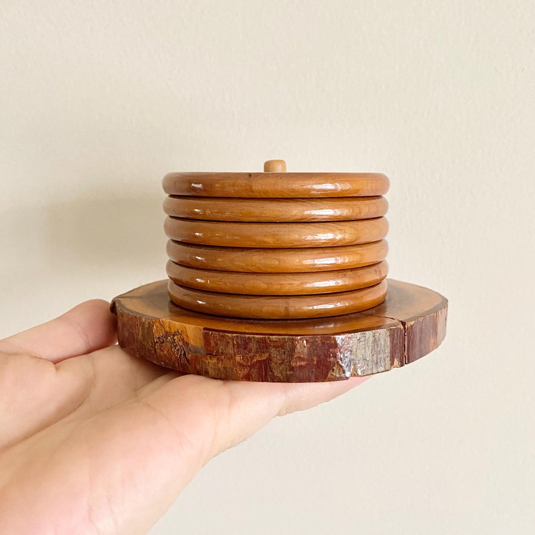 Vintage Set of 7 Vintage Raw Edge Wooden Coasters Rustic Natural Decor ...