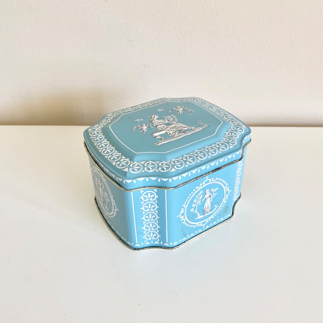 Vintage Wedgewood Style Blue and White Greek Goddess Candy Tin With Lid ...