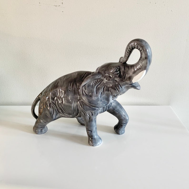 Vintage Large Ceramic Grey Elephant With Trunk Up - Etsy