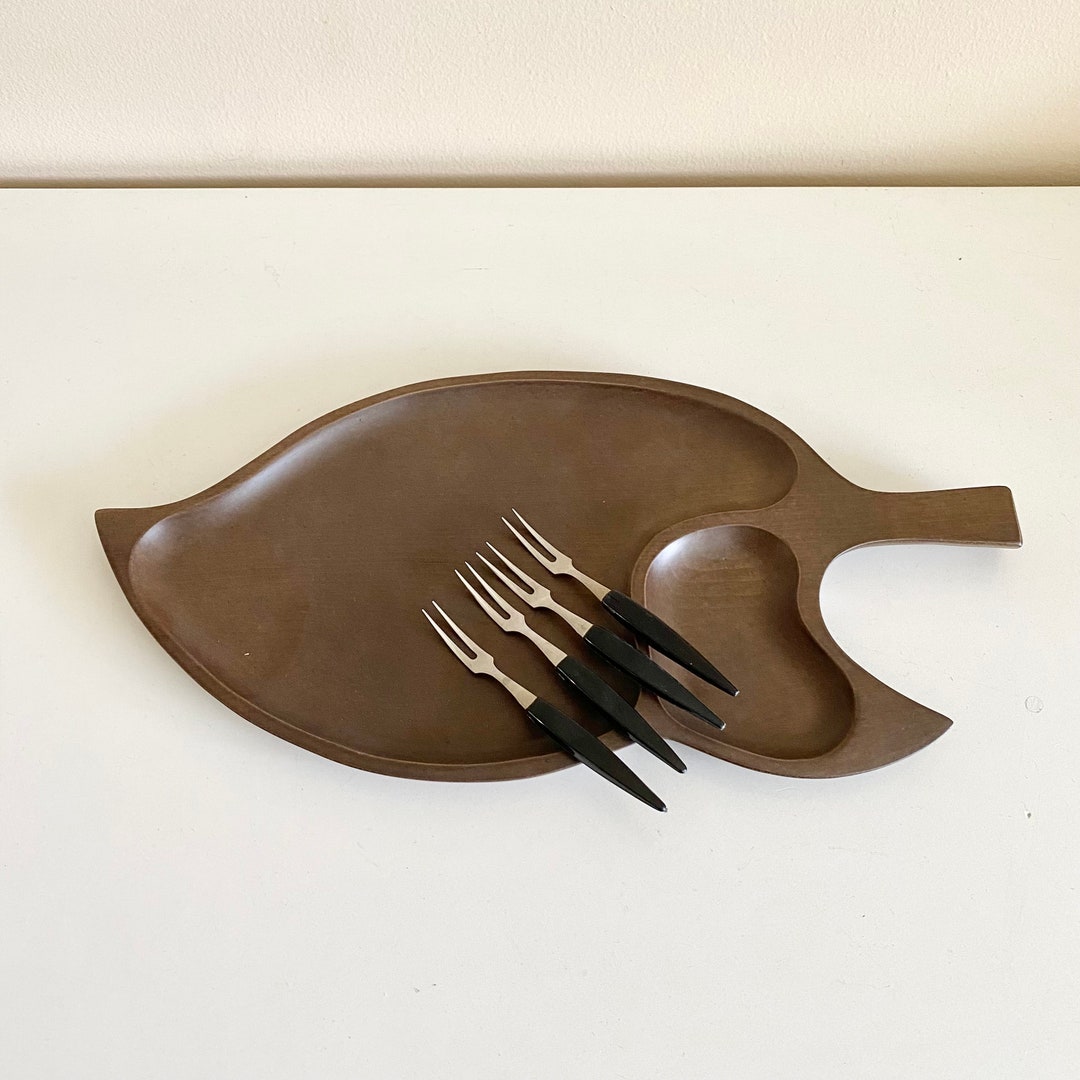 Set of 5 Vintage Mid-century MCM Dessert Forks and a Wood Leaf Shaped ...