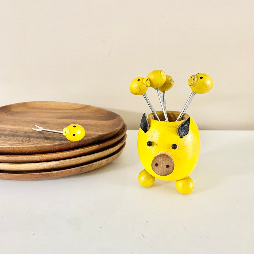 Set of 7 Vintage Small Wooden Pig Piggy Dessert Forks, Desert Cocktail ...