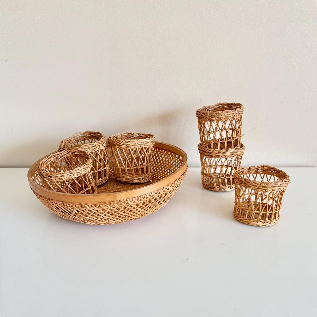 Set of 6 Vintage Wicker Glass Tumbler Cup Holders With a Basket, Boho ...