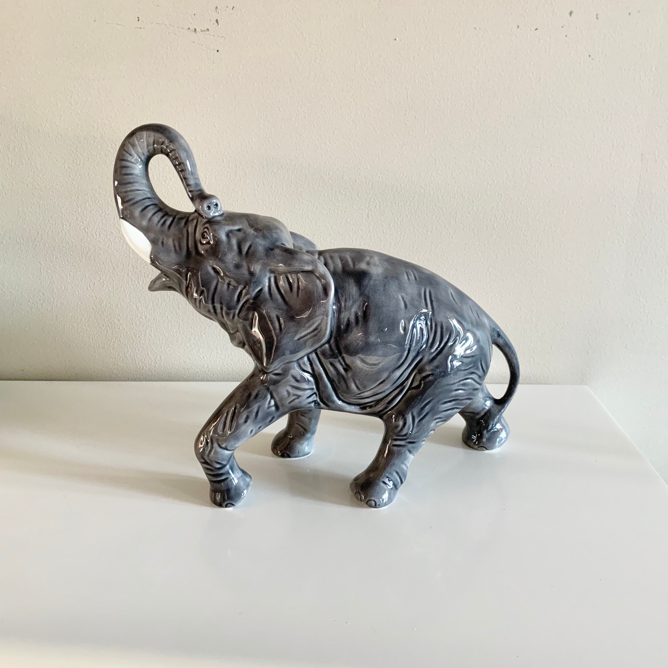 Vintage Large Ceramic Grey Elephant With Trunk Up - Etsy