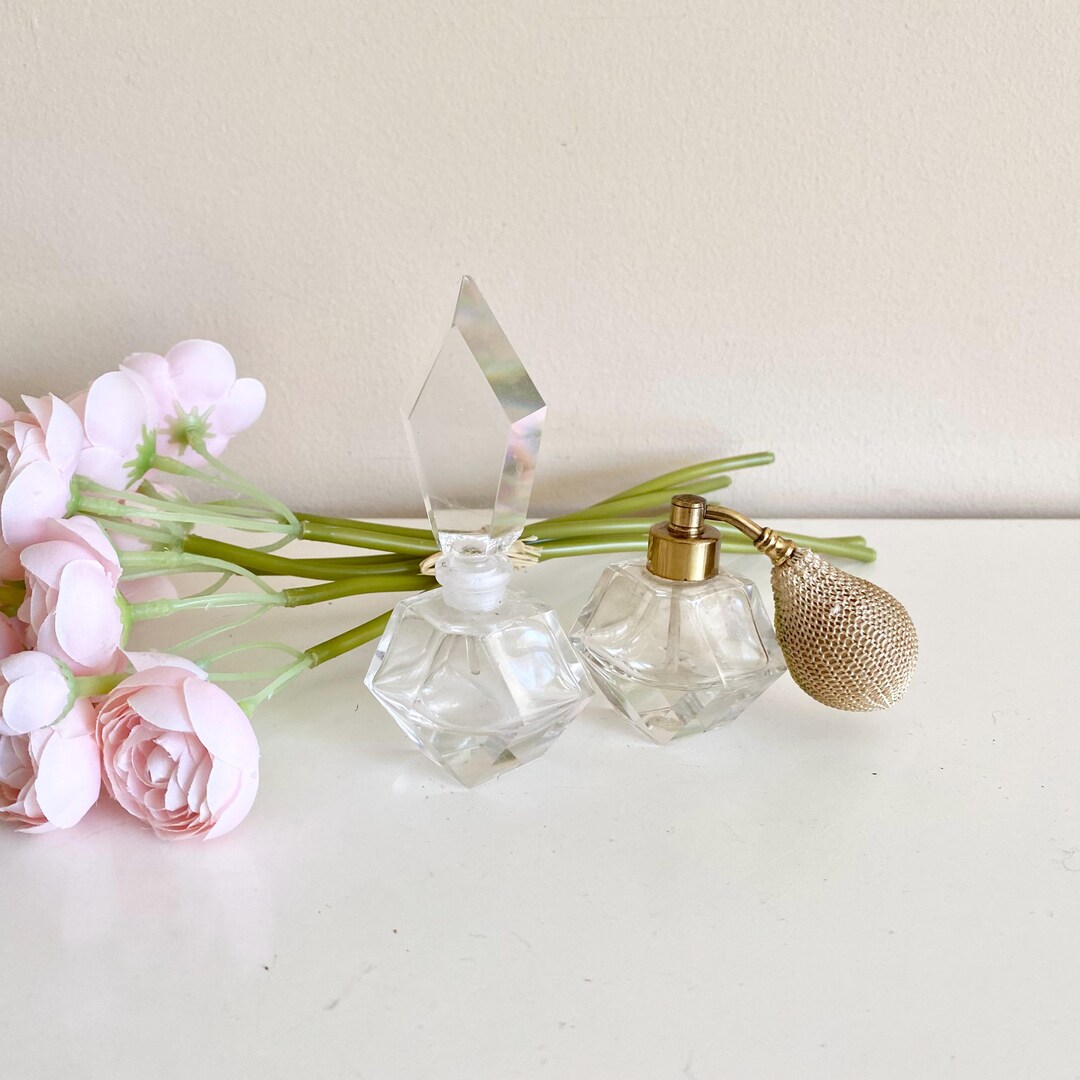 Set of 2 Vintage Crystal Cut Glass Perfume Bottle and Atomizer, Hand ...