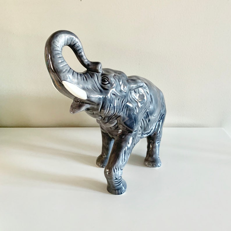 Vintage Large Ceramic Grey Elephant With Trunk Up - Etsy