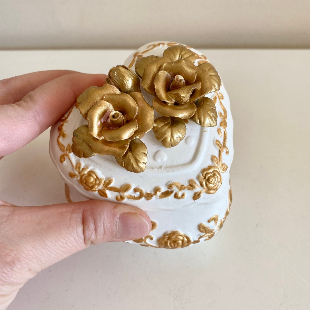 Vintage Gold and White Floral Roses Heart Shape Trinket Box With Lid ...
