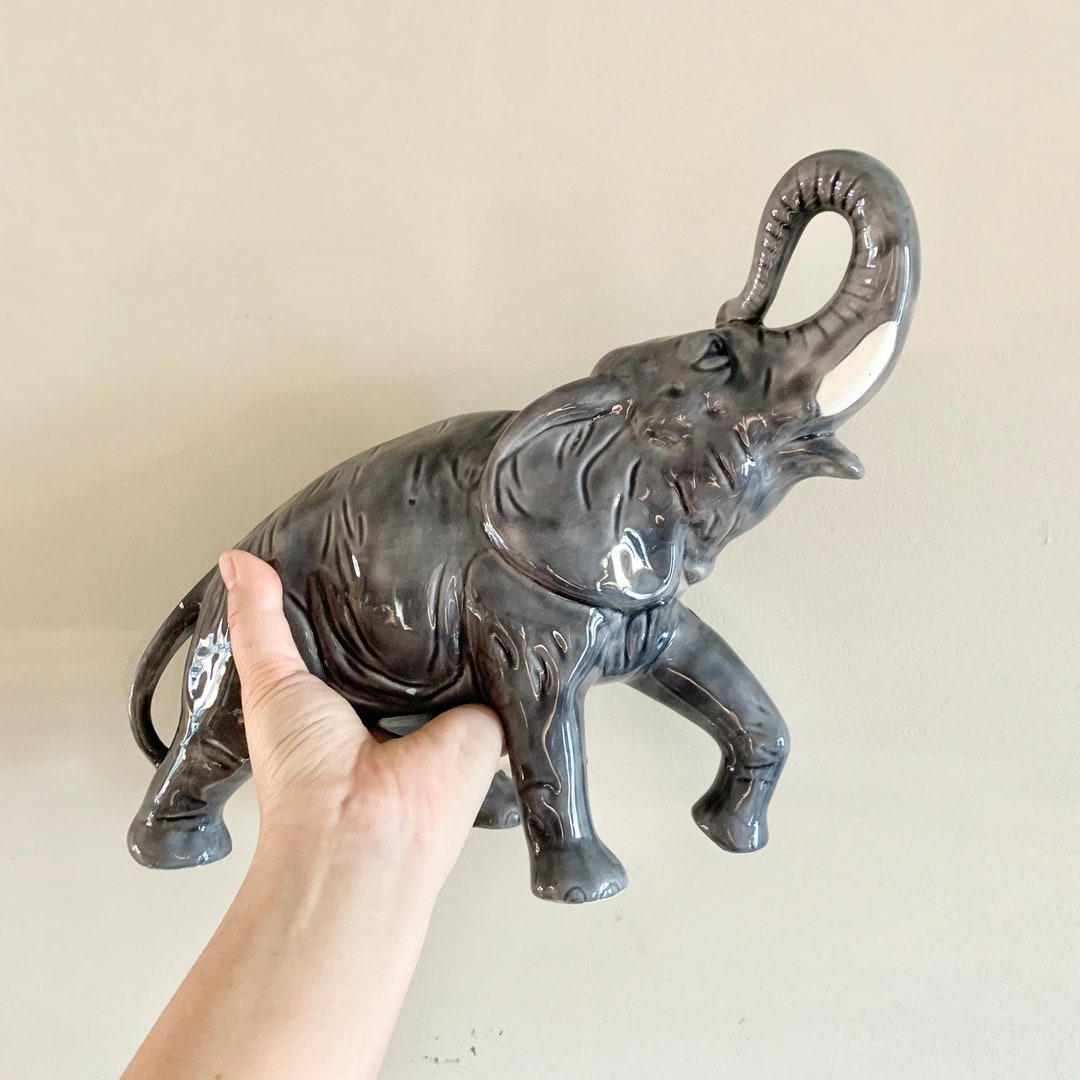 Vintage Large Ceramic Grey Elephant With Trunk Up - Etsy