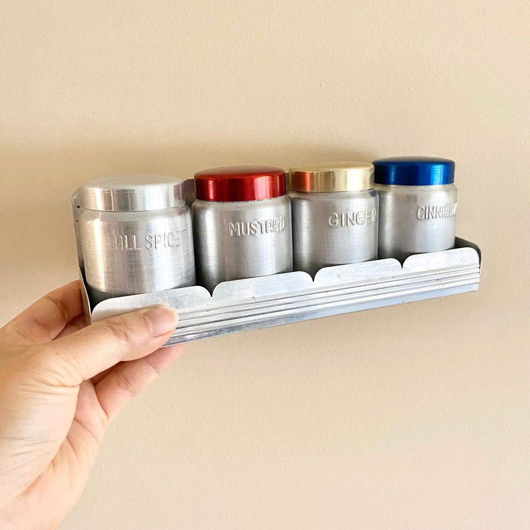 Set of 5 Vintage Aluminum Labelled Spice Jars With a Matching Rack ...