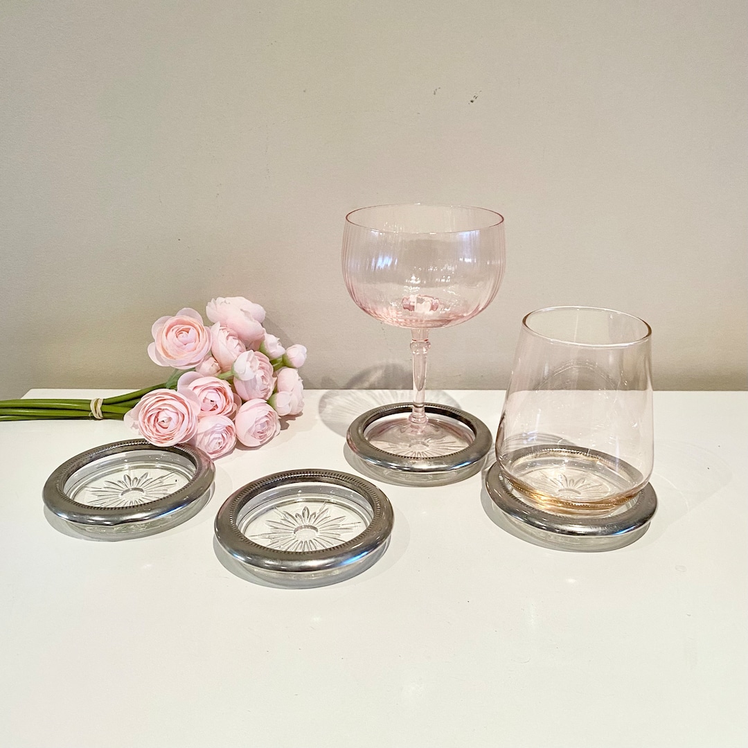 Set of 4 Vintage Sterling Silver Rim Crystal Coasters, E.P. Steel ...