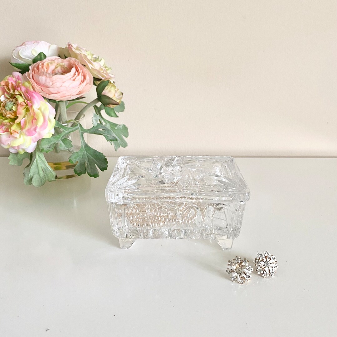 Vintage Crystal Glass Rectangular Shape Trinket Jewelry Box With Lid ...