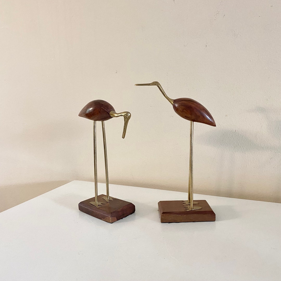 Set of 2 Vintage Brass and Wood Crane Sculptures, Crane Flamingo Egret ...