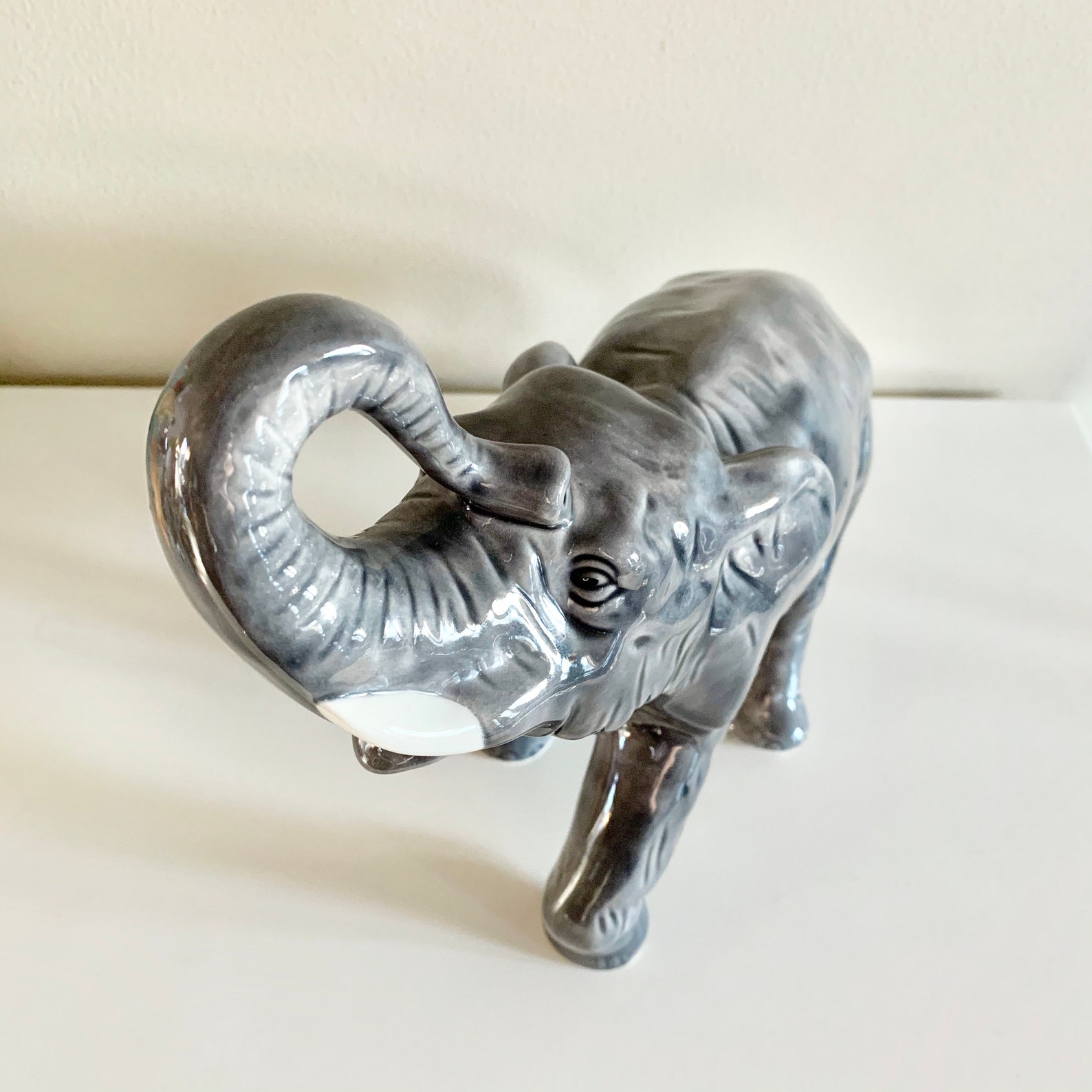Vintage Large Ceramic Grey Elephant With Trunk Up - Etsy