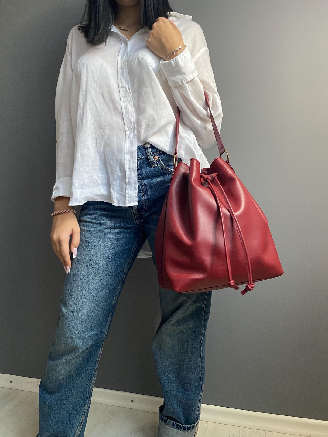 Burgundy Leather Bucket Bag, Burgundy Bucket Bag, Handmade Bucket Bag ...