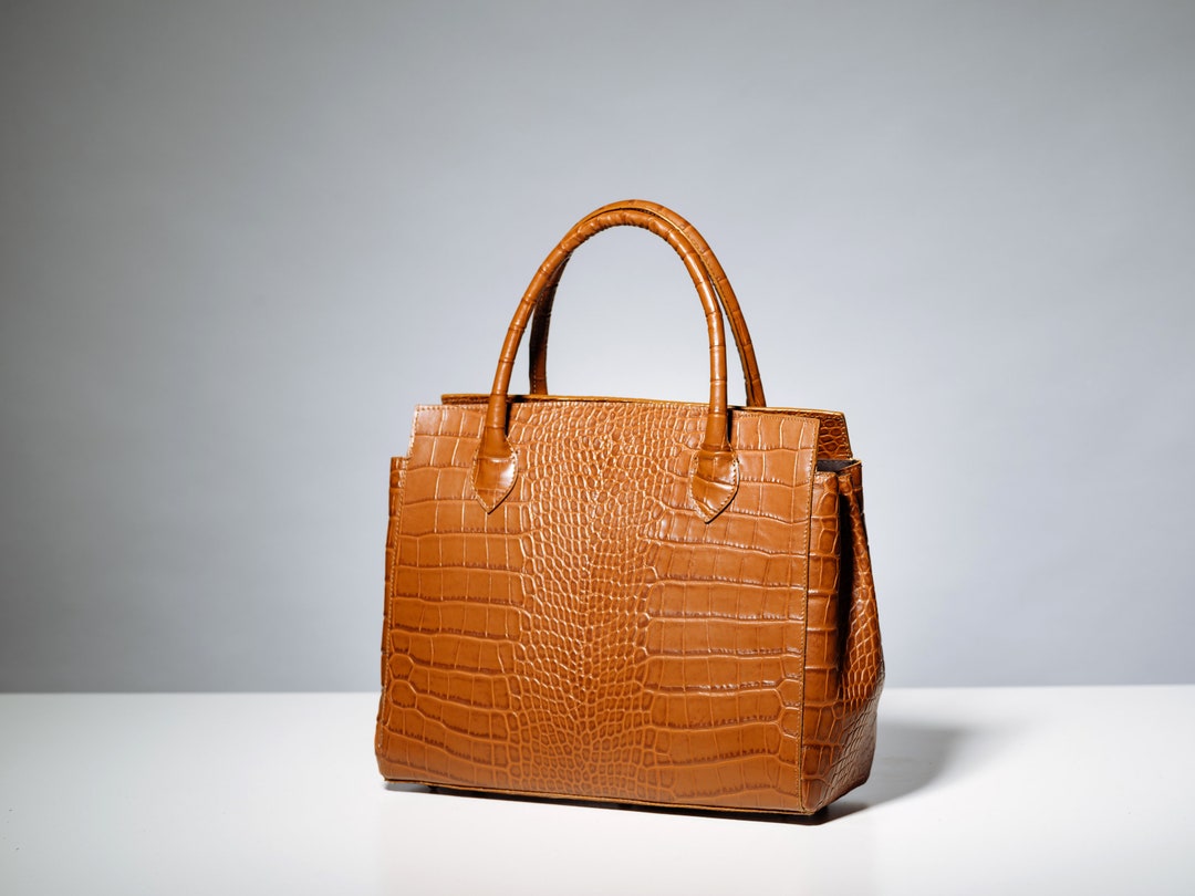Leather Elegant Bag, Cognac Croco Bag, Leather Croco Pattern Bag - Etsy