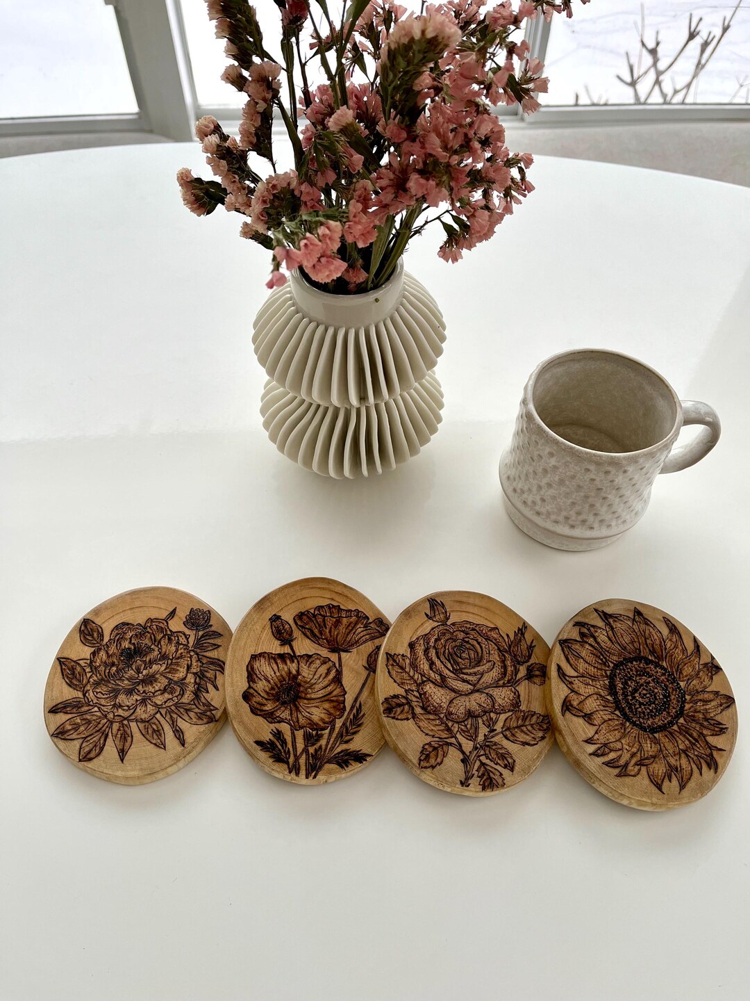 Handburned Coasters With Flowers Design/set of 4 Wooden Coasters ...