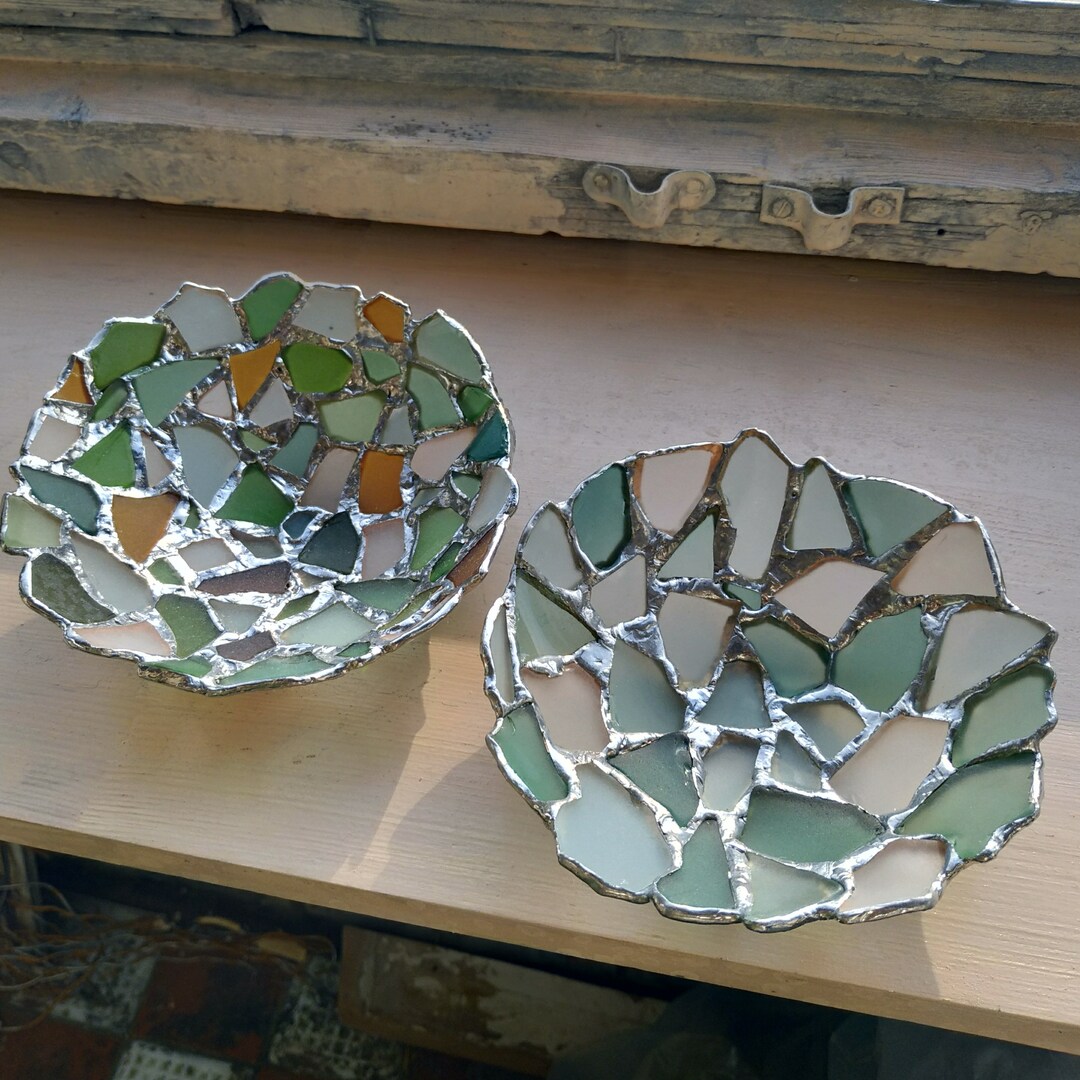 Round Sea Glass Ring Dish, Sea Stained Glass Jewelry Trinket Holder ...