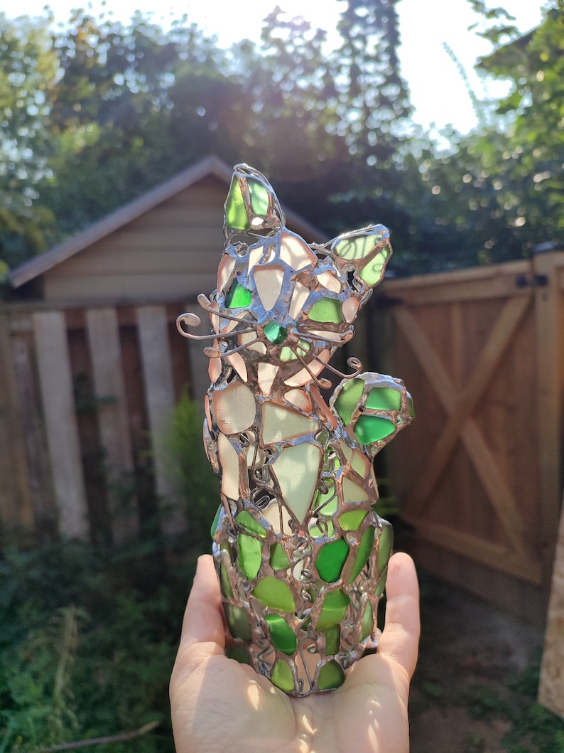 Sea Glass Cat Figurine Night Light, Stained Glass Cute Art Home Decor ...