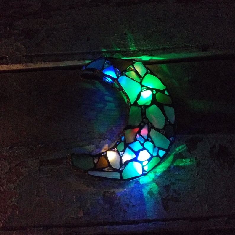 Crescent jewelry box night light sea stained glass half moon | Etsy