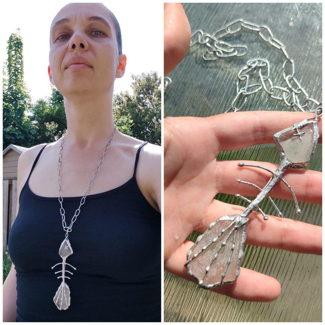 Seaglass Fish Skeleton / Bone Necklace, Statement Upcycled Jewelry ...