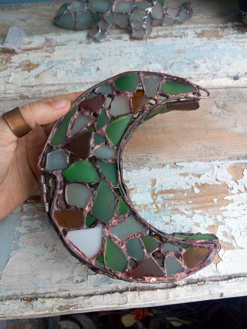 Crescent jewelry box night light sea stained glass half moon | Etsy