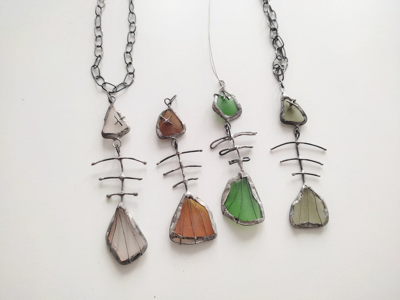 Seaglass Fish Skeleton / Bone Necklace, Statement Upcycled Jewelry ...