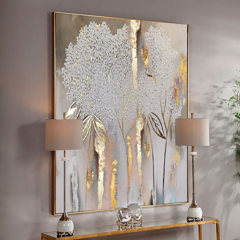 Silver White Framed Abstract Painting, Gold Leaf Canvas Art, Large ...