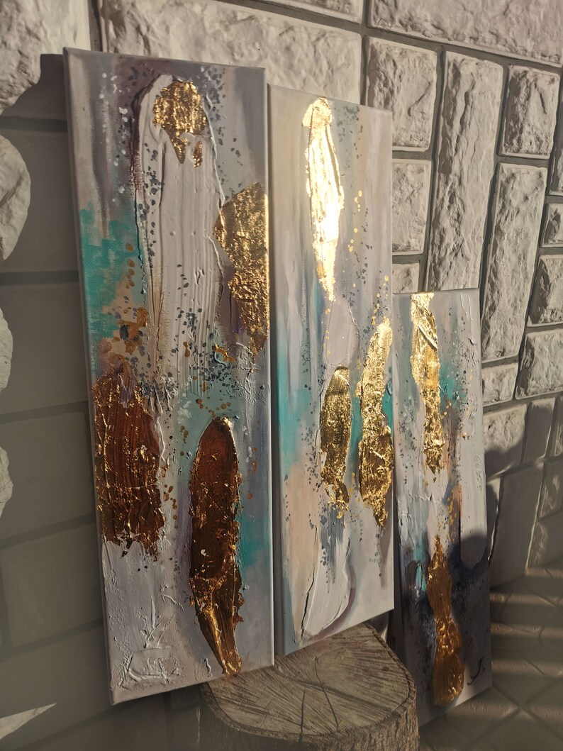 Painting set 3 piece wall art Gold metal wall art Gold Leaf | Etsy